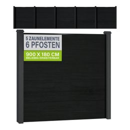 Juskys&reg; WPC Sichtschutzzaun 5er Set - 5x Element + 6x Pfosten & Zubeh&ouml;r, Gartenset WPC- & Stahlkonstruktion, Anthrazit / Grau