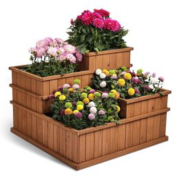 needs&wants&reg; Multi Hochbeet mit 4 Pflanzk&auml;sten quadratisch aus Holz f&uuml;r Garten Balkon Terrasse, 4er Pflanzbeet Blumenbeet niedrig mit Folie, 81 x 81 x 61 cm, braun