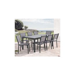 Calvi Garten-Essgruppe: 180 cm Tisch + 8 St&uuml;hle &ndash; Aluminiumgestell &ndash; Tischplatte aus geh&auml;rtetem Glas &ndash; Grau