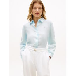 Hemdbluse Tommy Hilfiger "ESS LINEN RELAXED SHIRT", Damen, Gr. 42, keepsake blau, Web, Obermaterial: 100% Leinen, unifarben, relaxed fit h&uuml;ftlang, 1-Knopf-Manschette, Blusen Hemdbluse, mit Logostickerei,k&uuml;hlendes Premium Leinen