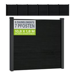 Juskys&reg; WPC Sichtschutzzaun 6er Set - 6x Element + 7x Pfosten & Zubeh&ouml;r, Gartenset WPC- & Stahlkonstruktion, Anthrazit / Grau