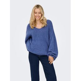 Jacqueline de Yong V-Ausschnitt-Pullover JDY "JDYDINEA L/S REVERSIBLE PULLOV. KNT NOOS", Damen, Gr. S, blau (bleached denim), Strick, Obermaterial: 80% Polyacryl, 20% Polyester, unifarben, loose fit h&uuml;ftlang, V-Ausschnitt, weit Strickb&uuml;ndchen, Pullover, Kunstfaser, regular fit