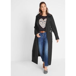 bonprix Long-Trenchcoat mit Tailleng&uuml;rtel, schwarz, Gr.44, Modischer Trenchcoat mit G&uuml;rtel, aus 100% Baumwolle