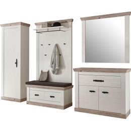 Garderoben-Set Home Affaire "Florenz", wei&szlig; (piene wei&szlig;), B:307cm, Holzwerkstoff, Kastenm&ouml;bel-Sets, bestehend aus Bank, Paneel, Spiegel, Kommode und Garderobenschrank