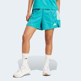 Shorts adidas Sportswear "TIRO X COMMON GOAL GEWEBTE", Damen, Gr. L, N-Gr, pure teal, wei&szlig;, normal, gr., Obermaterial: 100% Polyester, Hosen Shorts, lockere Passform, mit Kordelverschluss, aus weichem Material