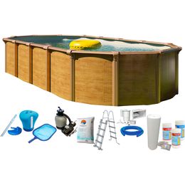 Ovalpool KWAD "Wood Design, inkl. Sicherheitsleiter & Zubeh&ouml;r, sandfarbene Innenfolie", braun, B:370cm H:132cm L:730cm, Schwimmbecken, H&ouml;he: 132 cm, inkl. Wasserpflege-Set
