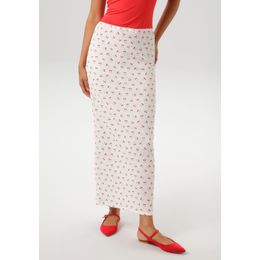 Maxirock Aniston CASUAL, Damen, Gr. 36, wei&szlig; (wollwei&szlig;, rot, hellgr&uuml;n), Jersey, Obermaterial: 98% Polyester, 2% Elasthan, Strukturmuster, bedruckt, figurbetont kn&ouml;chelfrei, R&ouml;cke Maxirock, allover mit Kirschen bedruckt