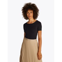 Rundhalsshirt Tommy Hilfiger "SLIM 5X2 RIB O-NK SS", Damen, Gr. XXXL(46), schwarz, Feinstrick, Obermaterial: 95% Viskose, 5% Elasthan, unifarben, Basic, slim fit h&uuml;ftlang, Rundhals, eingesetzt abgesteppt, Shirts Rundhalsshirt, mit dezenter Tommy Hilfiger Logostickerei