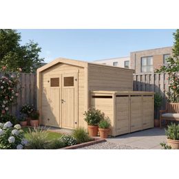 Gartenhaus Weka "Killarney", naturbelassen, ohne Fu&szlig;boden, ohne Dacheindeckung, Massivholz, Gartenh&auml;user, Gartenhaus, Doppelt&uuml;r, mit 3er M&uuml;lltonnenbox