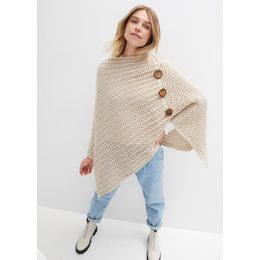 Strickponcho bonprix, Damen, beige (kieselbeige), Grobstrick, Obermaterial: 50% Polyacryl, 50% Polyester, unifarben, figurumspielend normal, hoch geschlossener Ausschnitt, Pullover, aus leicht transparentem Strukturstrick, mit Zier-Kn&ouml;pfen, Zipfelsaum