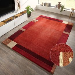 Wollteppich Theko "Tromso, Wolle, Handgefertigt, Bord&uuml;re mit Hoch-Tief-Effekt" Gr. 1, rot, B:60cm H:15mm L:90cm, Wolle, Teppiche, Wohnzimmer, Schlafzimmer, Esszimmer