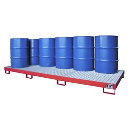 eurokraft pro Stahl-Auffangwanne, Auffangvolumen 240 l, f&uuml;r 10 x 200 l F&auml;sser, rot
