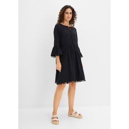 bonprix Kleid aus flie&szlig;ender Viskose, schwarz, Gr.42, Midikleid mit Volants und kleinen Bommeln