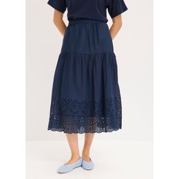 bonprix Midirock aus reiner Baumwolle mit Lochstickerei, blau, Gr.42, Bezaubernder Midirock in A-Form mit elastichem Bund., aus 100% Baumwolle
