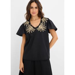 bonprix Bluse mit Stickerei, schwarz, Gr.38, sommerliche Bluse mit dekorativer Stickerei am Ausschnitt vorne, 100% Baumwolle (organic)