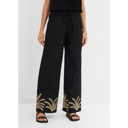 bonprix Palazzo-Hose mit Stickerei, schwarz, Gr.36, modische Palazzo-Hose aus festem Baumwoll-Popeline mit dekorativer Stickerei am Saum und Gummibund, 100% Baumwolle (organic)
