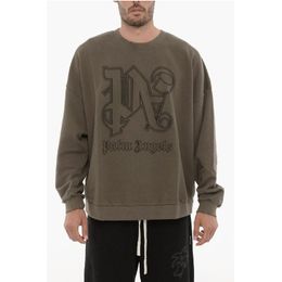 Palm Angels Rundhals-Sweatshirt mit Vintage-Effekt und gepr&auml;gtem Monogramm in Milit&auml;rgr&uuml;n
