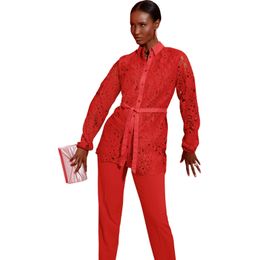 CR&Eacute;ATION L Damen Spitzenbluse mit Bindeg&uuml;rtel rot Gr&ouml;&szlig;e 36