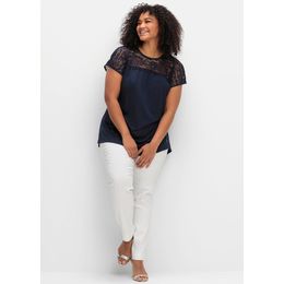 Spitzenshirt sheego "Spitzenshirt", Damen, Gr. 48/50, blau (tiefblau), 100% Viskose, unifarben, Rundhals, Shirts
