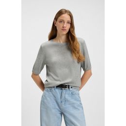 Kurzarmpullover BOSS Orange "Fiaffusa Premium Damenmode", Damen, Gr. XS, silber (silber 041), Feinstrick, Obermaterial: 60% Viskose, 35% Polyacryl, 5% Kaschmir, unifarben, Rundhals, Rippb&uuml;ndchen, Pullover, mit dezentem Ajourstrickmuster hinten