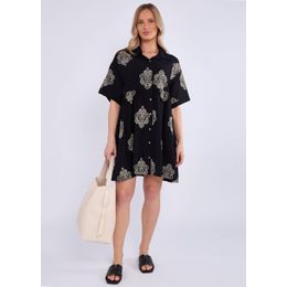 Schwarzes besticktes Smok-Kleid mit &uuml;bergro&szlig;em Mini-Shirt