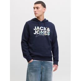 Jack & Jones Kapuzensweatshirt JACK & JONES "JJGEPLAS SWEAT HOOD", Herren, Gr. S, sky captain, angeraute Sweatware, Obermaterial: 60% Baumwolle, 40% Polyester, bedruckt, regular fit normal, Rippb&uuml;ndchen, Sweatshirts