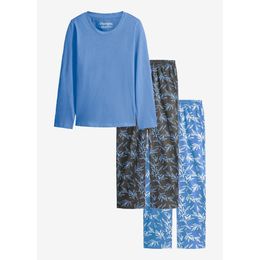 bonprix Pyjama (3-tlg.Set) aus reiner Baumwolle, blau, Gr.48/50 (XL), Pyjamaoberteil mit Rundhalsausschnitt und langen &Auml;rmeln sowie zwei Pyjamahosen mit sch&ouml;nem Druck, aus 100% Baumwolle