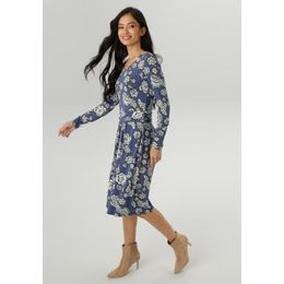 Jerseykleid Aniston SELECTED, Damen, Gr. 38, N-Gr, schwarz (rauchblau, wollwei&szlig;, schwarz), Jersey, Obermaterial: 95% Viskose, 5% Elasthan, bedruckt, gebl&uuml;mt, gemustert, gepunktet, figurumspielend knieumspielend, Rundhals, Kleider Jerseykleid, mit abstrakter Bl&uuml;ten- und Bl&auml;ttermusterung