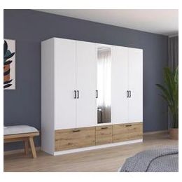 Dreht&uuml;renschrank Rauch "Kleiderschrank Schrank Garderobe W&auml;scheschrank BARI mit Spiegel", wei&szlig; (alpinwei&szlig;, eiche artisan), B:225cm H:210cm T:54cm, Holzwerkstoff, Schr&auml;nke, Dreht&uuml;renschrank, mit Schubk&auml;sten und modernem Griff in Graumetallic MADE IN GERMANY