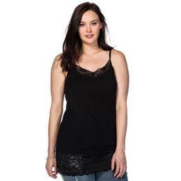 Spaghettitop sheego, Damen, Gr. 56, schwarz, 95% Baumwolle, 5% Elasthan, Spitze:10% Elasthan, 90% Polyamid, unifarben, V-Ausschnitt, Tops