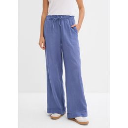 bonprix Schlupfhose aus luftigem Musselin, blau, Gr.46, Musselin-Hose mit ausgefranstem Saum aus reiner Baumwolle, aus 100% Baumwolle