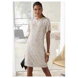 Paillettenkleid Lascana, Damen, Gr. 36, N-Gr, beige (champagner), Stoff, Obermaterial: 95% Polyester, 5% Elasthan. Futter: 100% Polyester, leicht gl&auml;nzend, unifarben, festlich, figurumspielend kniefrei, Rundhals, Kleider, festlich, Glitzerkleid mit kurzen &Auml;rmeln