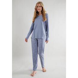 Schlafanzug Tom Tailor "Charlotte", Damen, Gr. 42 (XL), blau (blau, mittel, punkte), Obermaterial: 100% Baumwolle, gepunktet, bequem normal, Rundhals, gerader Abschluss, Homewear-Sets Schlafanzug, Langarm, Rundhalsausschnitt, gepunktet, basic, Baumwolle