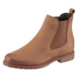 Chelseaboots Tamaris, Damen, Gr. 36, braun (camelfarben), Elastischer Einsatz, Nubukleder, unifarben, used, Schuhe Chelseaboots, Blockabsatz, Stiefelette, Businesschuh, Schlupfboots, Anziehlasche