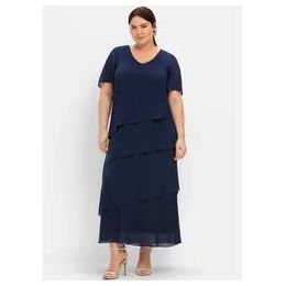 Cocktailkleid sheego "Abendkleid", Damen, Gr. 50, Normalgr&ouml;&szlig;en, blau (marine), Chiffon, 100% Polyester, unifarben, lang, V-Ausschnitt, Kleider