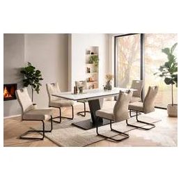 Essgruppe OTTO HOME "Altona", Esstisch ausziehbar plus 6 St&uuml;hle, TOPSELLER", wei&szlig;, beige, beige, schwarz, Microfaser, Synchron-Auszug, Sitzm&ouml;bel-Sets, Essgruppe, S&auml;ulentisch 140-180x90 cm, Stuhl mit Federkorb, 140 kg belastbar, Topseller