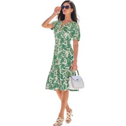 Heine Damen Druckkleid mit Puff&auml;rmeln champagner-grasgr&uuml;n-bedruckt Gr&ouml;&szlig;e 44