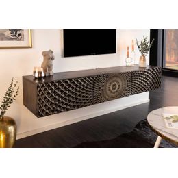 Riess Ambiente H&auml;ngendes TV-Board ILLUSION 160cm schwarz Mangoholz Massivholz mit 3D Schnitzereien gold Riess-Ambiente Glamour Industrie & Loft