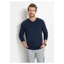 Strickpullover bonprix "Feinstrickpullover in Regular Fit", Herren, Gr. 52/54 (L), blau (dunkelblau), Strick, Obermaterial: 70% Baumwolle, 30% Polyamid, unifarben, regular fit h&uuml;ftlang, V-Ausschnitt, Strickb&uuml;ndchen, Pullover Strickpullover, aus Feinstrickmaterial, mit V-Ausschnitt, Regular Fit