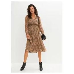 Chiffonkleid bonprix, Damen, Gr. 50, N-Gr, braun (camel, schwarz leo bedruckt), Obermaterial: 100% Polyester. Futter: 100% Polyester, mehrfarbig, figurumspielend, V-Ausschnitt, Kleider Chiffonkleid, f&uuml;r femininen Look, aus Polyester, figurumspielende Passform