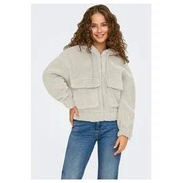 Kapuzenpl&uuml;schjacke Only "ONLTANJA TEDDY HOOD JACKET OTW NOOS", Damen, Gr. S, grau (pumice stone), Pl&uuml;sch, Obermaterial: 100% Polyester, unifarben, regular fit normal, B&uuml;ndchen, Jacken, Kunstfaser
