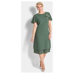 Sommerkleid GOLDNER "Kurzgr&ouml;&szlig;e Abendkleid mit abnehmbarer Brosche", Damen, Gr. 20, K-Gr, gr&uuml;n (salbei), Obermaterial: 100% Polyester PES., gerade, Kleider Sommerkleid, dekorative Blumenbrosche mit Hotfixsteinen