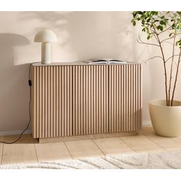 Sideboard HOMSY BY ANA JOHNSON "Solva", naturfarben, B:119cm H:80cm T:40cm, FSC-zertifizierter Holzwerkstoff, Furnier, Keramik, MDF, Sideboards, Sideboard, Holzoptik aus Esche, geriffelte Front, Keramikplatte, Breite 119 cm