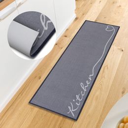 K&uuml;chenl&auml;ufer Hanse Home "Kitchen Herz", grau, B:50cm H:5mm L:150cm, Kunstfaser, Teppiche, L&auml;ufer, Rutschfest, K&uuml;chenteppich, K&uuml;che, Teppich, Pflegeleicht