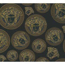 Vliestapete Versace "Wallpaper Versace 5 Medusakopf", schwarz (goldfarben schwarz), B:0,7m H:0,01m L:10,05m, Vinyl, Vlies, Tapeten, Designertapete Tapeten Wohnzimmer Schlafzimmer K&uuml;che Flur Design Optik