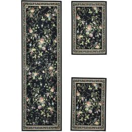 Bettumrandung Theko "Flomi Sagrini" Gr. 14, schwarz, H:3mm, Obermaterial: 63% Polyester, 33% Polypropylen, 4% Baumwolle, Bettumrandungen, Teppich-Set, Flachgewebe, Pastell-Farben, Blumen Design, mit Bord&uuml;re