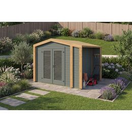 Gartenhaus Weka "Killarney", gr&uuml;ngrau, eiche hell, ohne Fu&szlig;boden, ohne Dacheindeckung, Massivholz, Gartenh&auml;user, Gartenhaus, Doppelt&uuml;r mit Lamellen