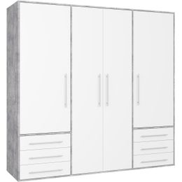 Dreht&uuml;renschrank FORTE "Kleiderschrank,zeitloses Design, 4 t&uuml;rig", betonoptik lichtgrau, wei&szlig;, B:205,9cm H:200cm T:53cm, Holzwerkstoff, Schr&auml;nke, Dreht&uuml;renschrank, viel Stauraum, Schubladen, Stangengriffe, Made in Europe