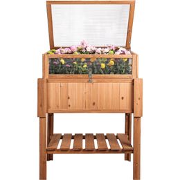 needs&wants&reg; Gro&szlig;es Hochbeet mit Fr&uuml;hbeet-Aufsatz Abdeckung aus Holz f&uuml;r Garten Balkon, Pflanzbeet mit Gew&auml;chshaus Fr&uuml;hbeetkasten mit Deckel Dach Haube Ablage Pflanzkasten, 90 x 57 x 112,5 cm, braun