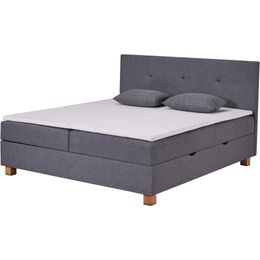 Boxbett Home Affaire "Oyr&eacute; inkl. Bettkasten, Topper und 2 gratis Kissen, 180x200 cm", grau, B:182cm L:208cm, Stoffbezug Nordic (100% Polyester), Komplettbetten, mit Holzf&uuml;&szlig;e in eichefarben, Topseller